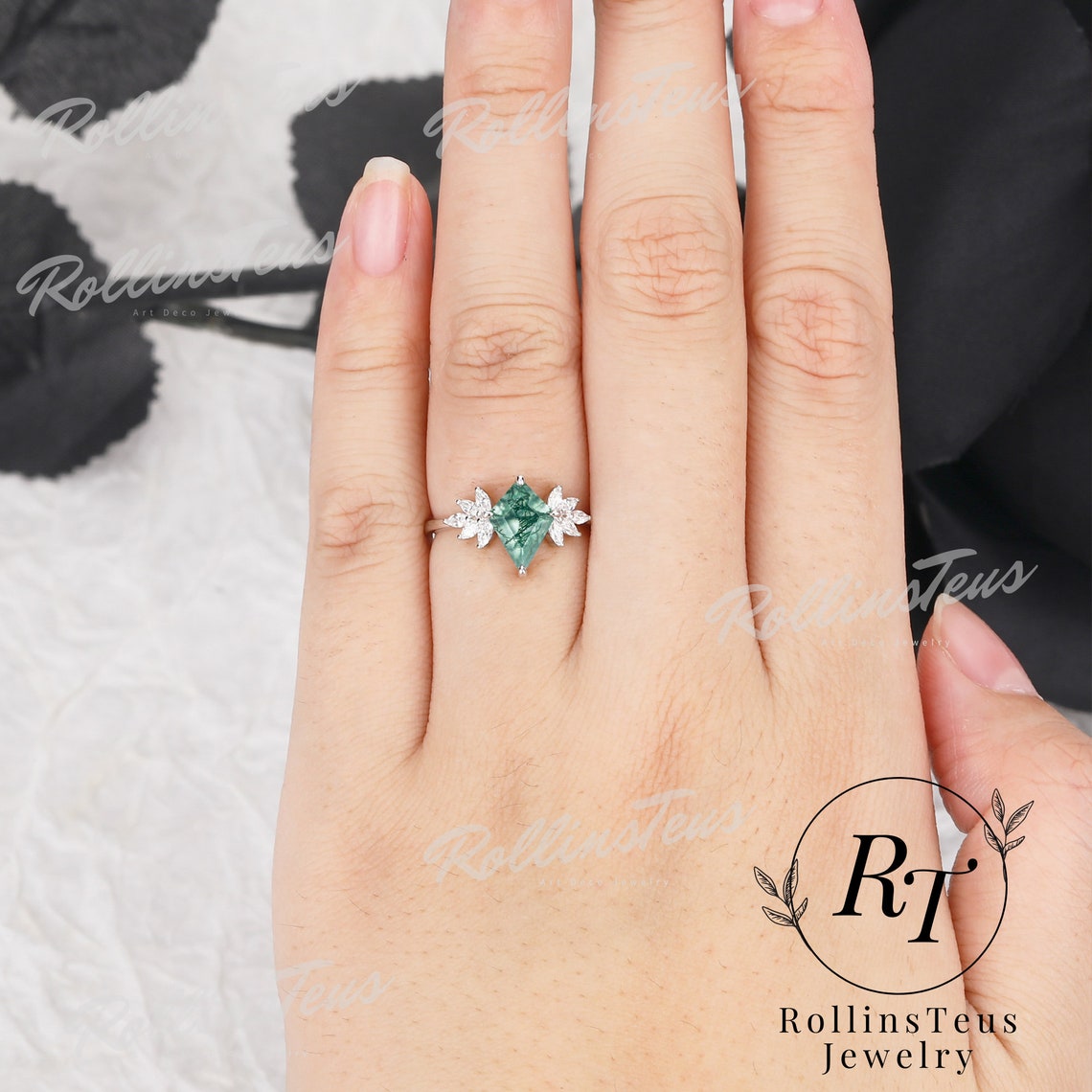 Kite Shape Natural Moss Agate Engagement Ring Solid Gold Ring Unique ...