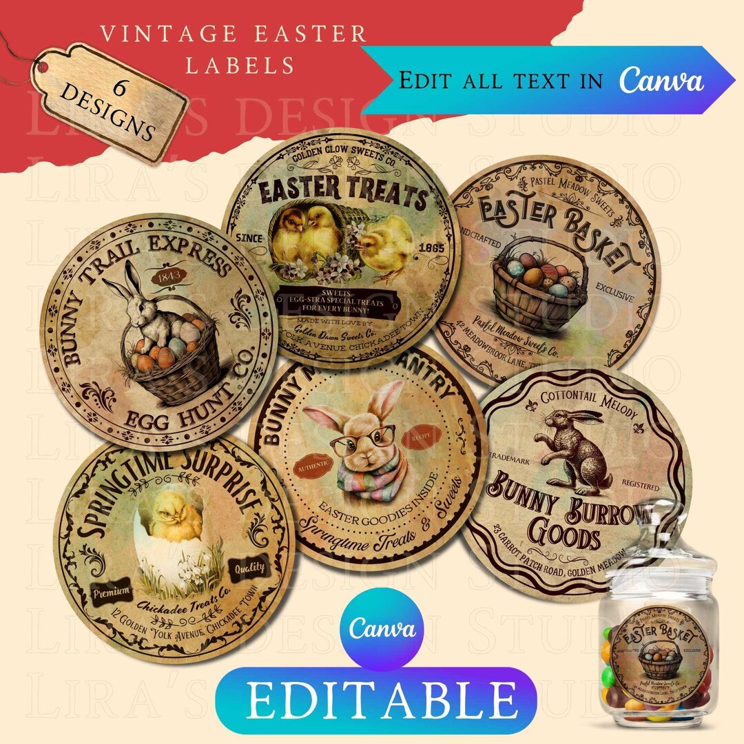 Editable Canva Vintage Easter Labels, Handmade Easter Party Decoration ...