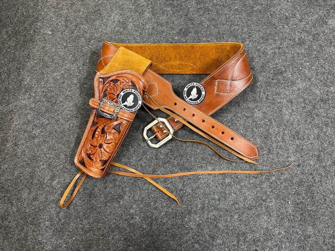 Western Leather Cartridge Belt Ammo Loops Revolver Holster Cover Colt Sass Rigs Cowboy Holster ...