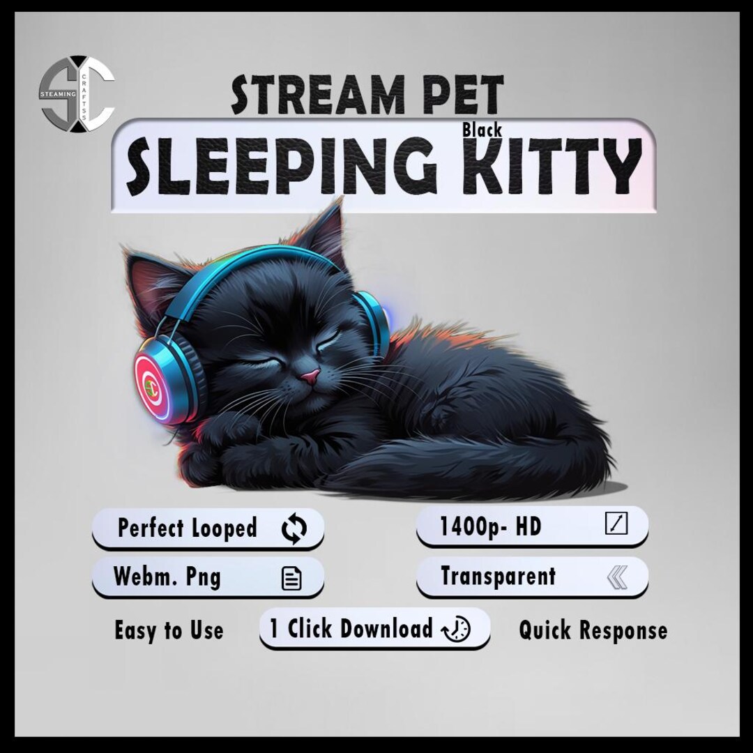Animated Vtuber Pet | Black Sleeping Kitty With Headphone| Stream Asset ...