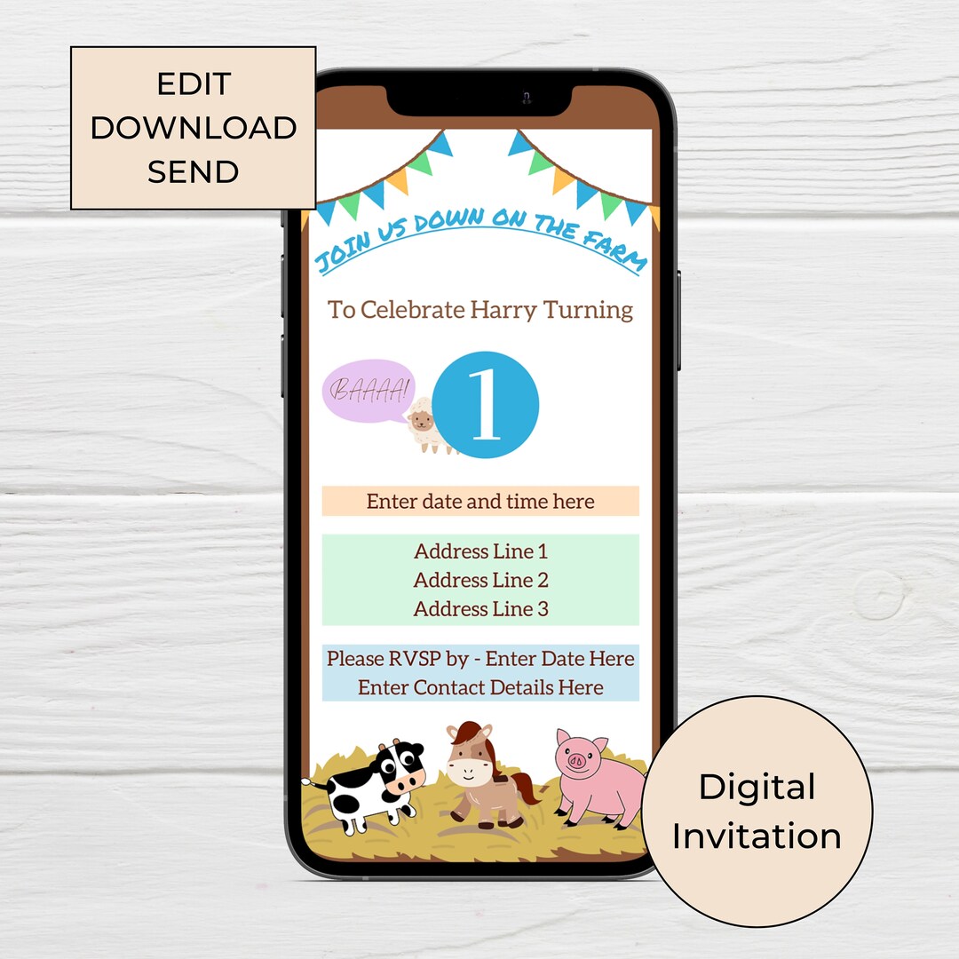Digital First Birthday Invitation Template, Farmyard First Birthday ...