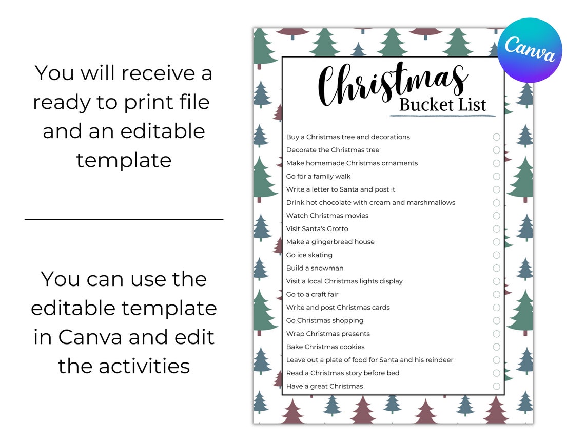 Editable Christmas Bucket List, Printable Winter Bucket List, Christmas ...