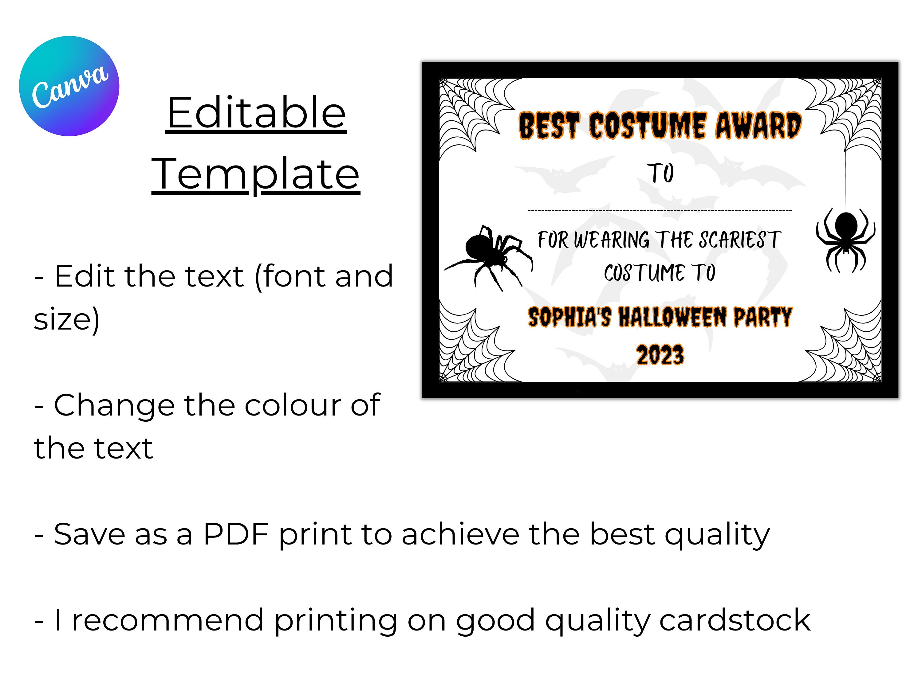 Editable Halloween Party Best Costume Certificate, Fancy Dress ...