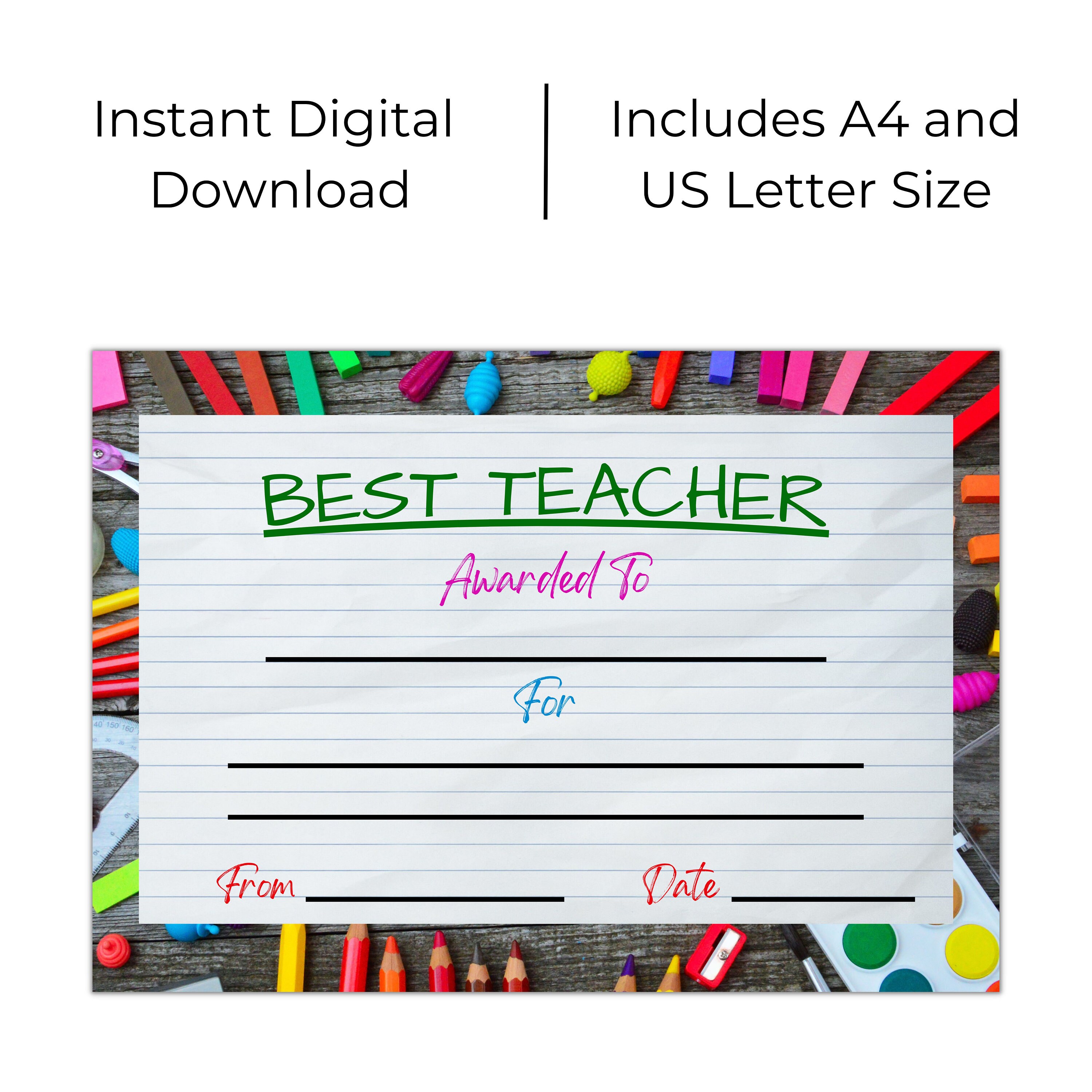 Best Teacher Certificate, Printable Award Certificate, Teacher ...