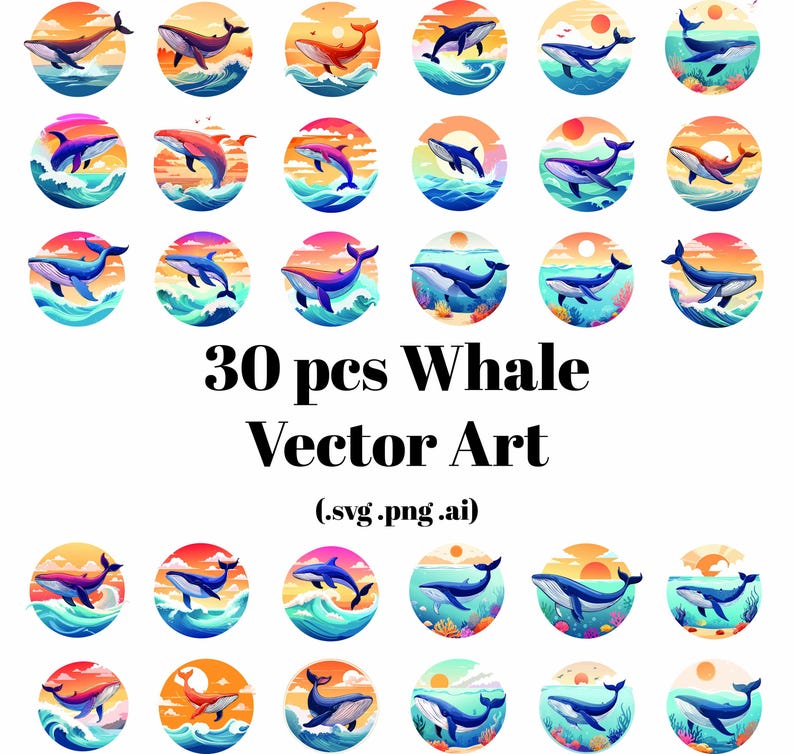 Whale Vector Art Bundle 30 Pcs | SVG PNG AI Clipart for Sublimation ...