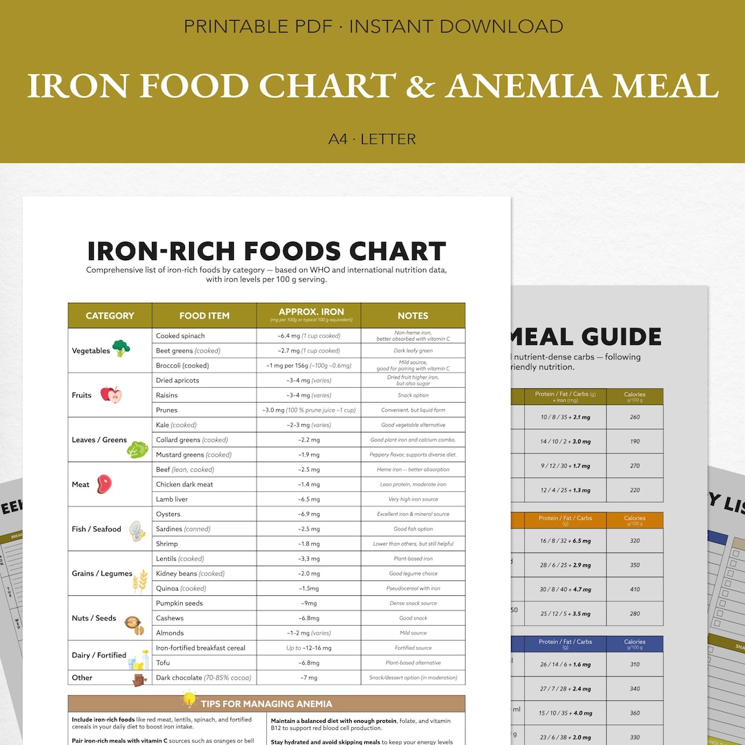 Iron-rich Foods Chart & Anemia Meal Planner (A4 Letter) (digital ...