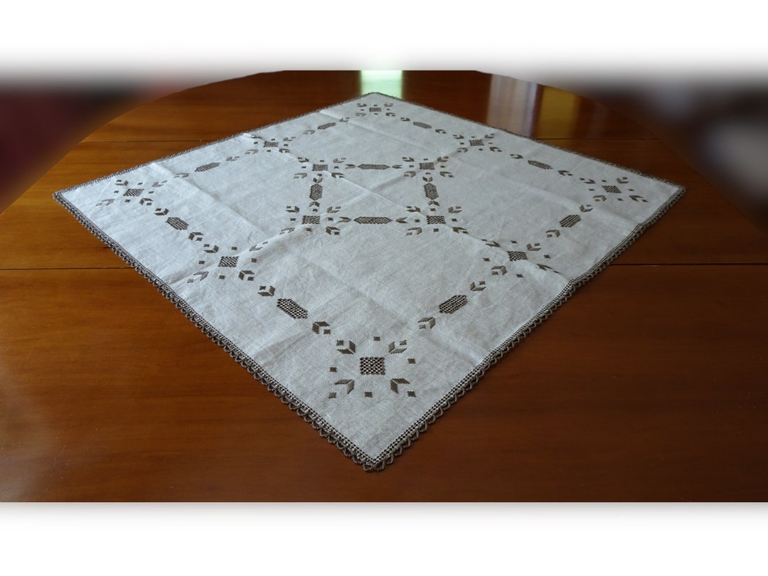 Cypriot Handmade Embroidered Square Linen Tablecloth - Vintage, Made in ...