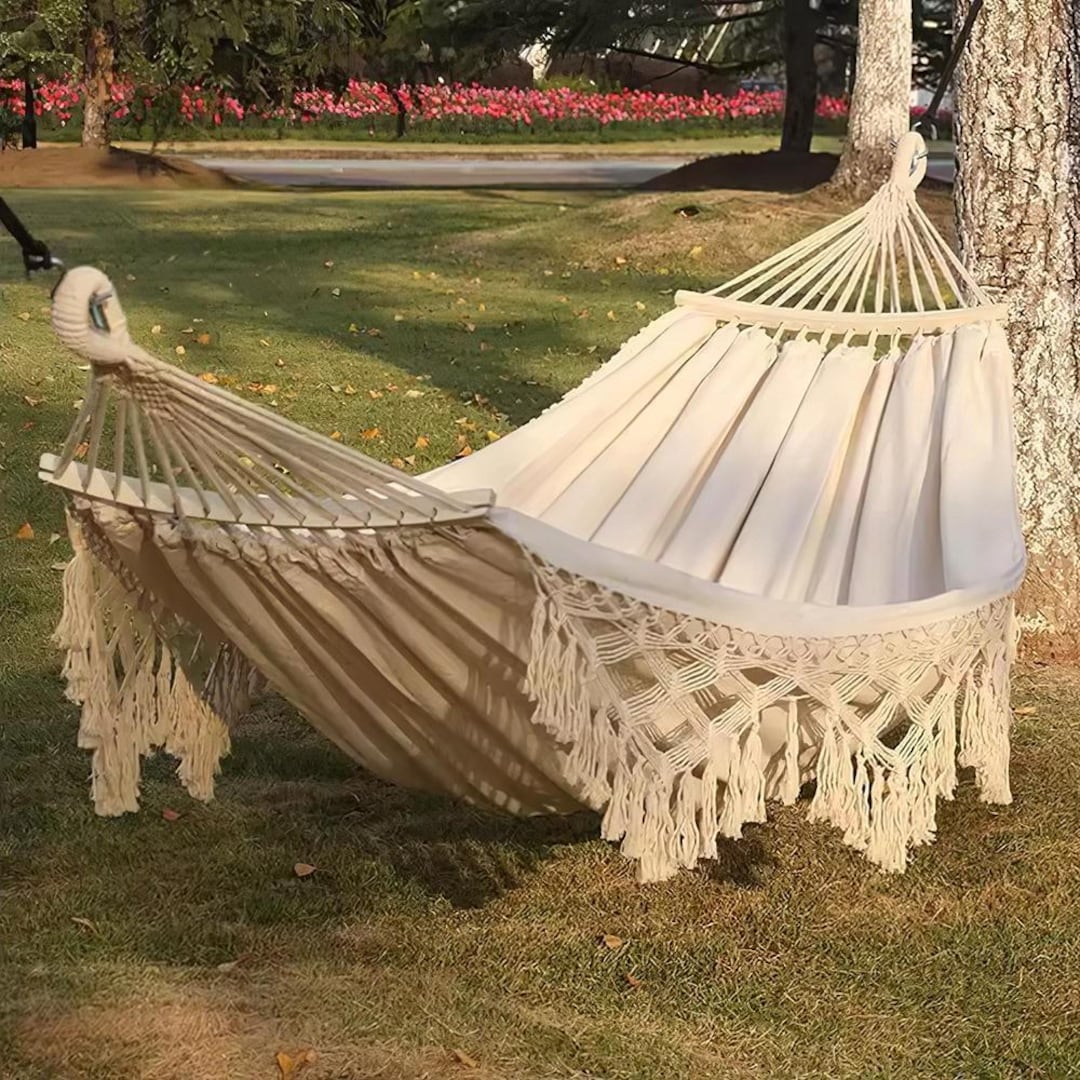 Boho Tassel Hammock – Handmade Woven Canvas Swing | Portable Folding ...