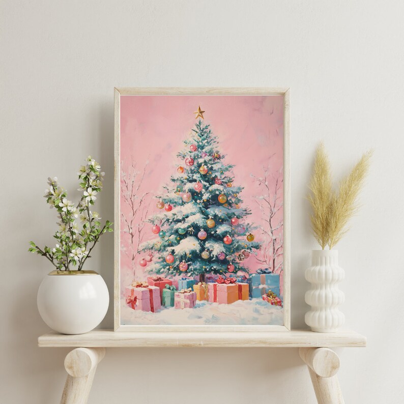 Pink Christmas Decor Wall Art | Art Print | Christmas Tree Holiday ...