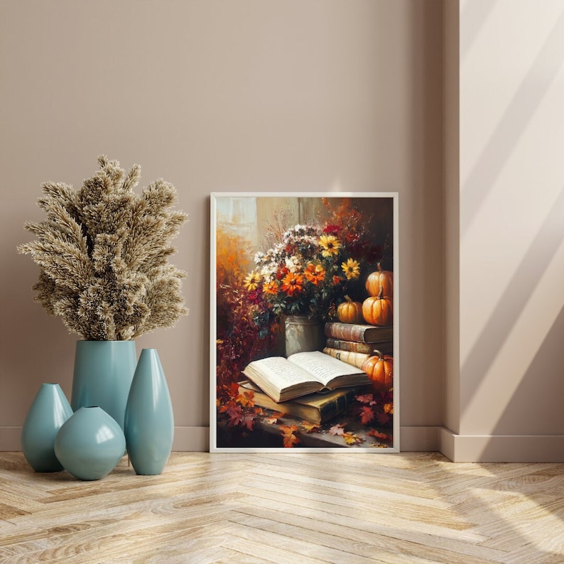 Vintage Book Stack Fall Printable Wall Art Fall Print Pumpkin Wall Art ...