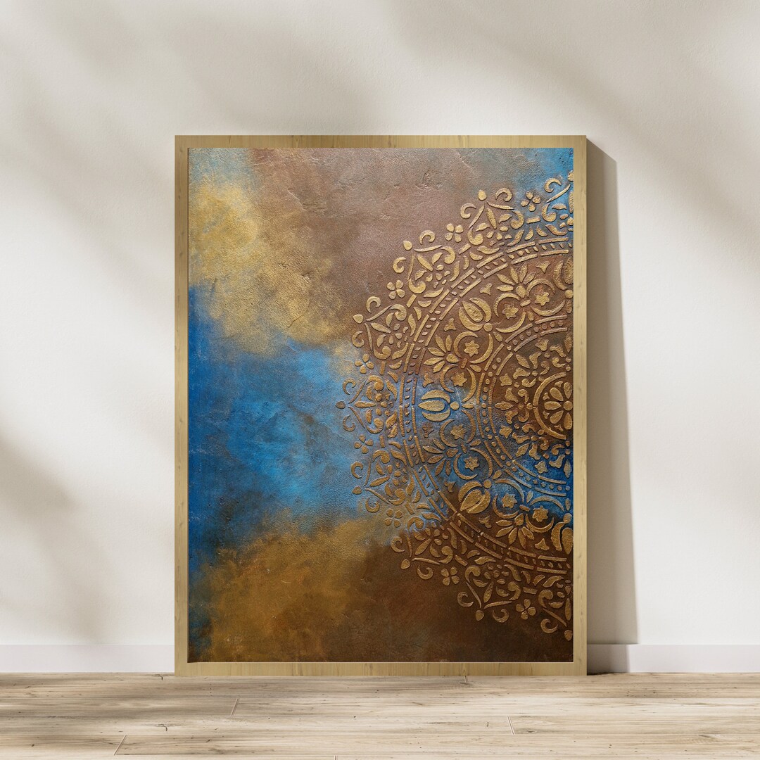 Mandala Wall Art Poster, Blue Background, Rust, Copper, Boho Chic Wall ...