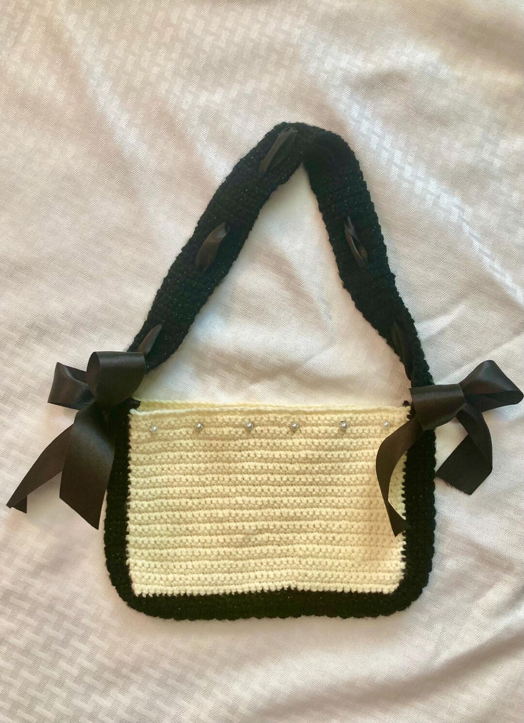 Risk Bag Yellow and Black Crochet Ribbon Bow Pearl Shoulder Bag Gracie ...