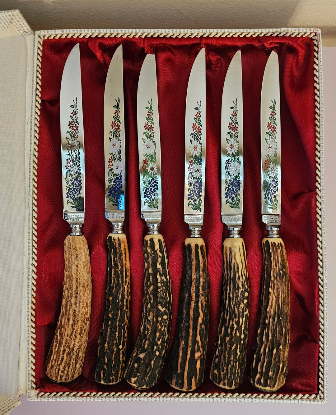 6 Piece Vintage Anton Wingen Jr. GERMAN KNIVES Colorful Daisy Etched ...