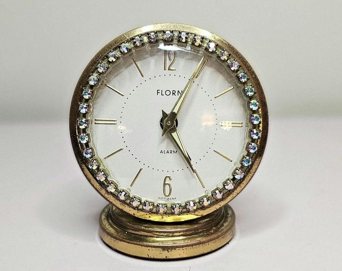 Vintage Florn Travelers Wind up Dial Gold Alarm Clock Rhinestone Design ...