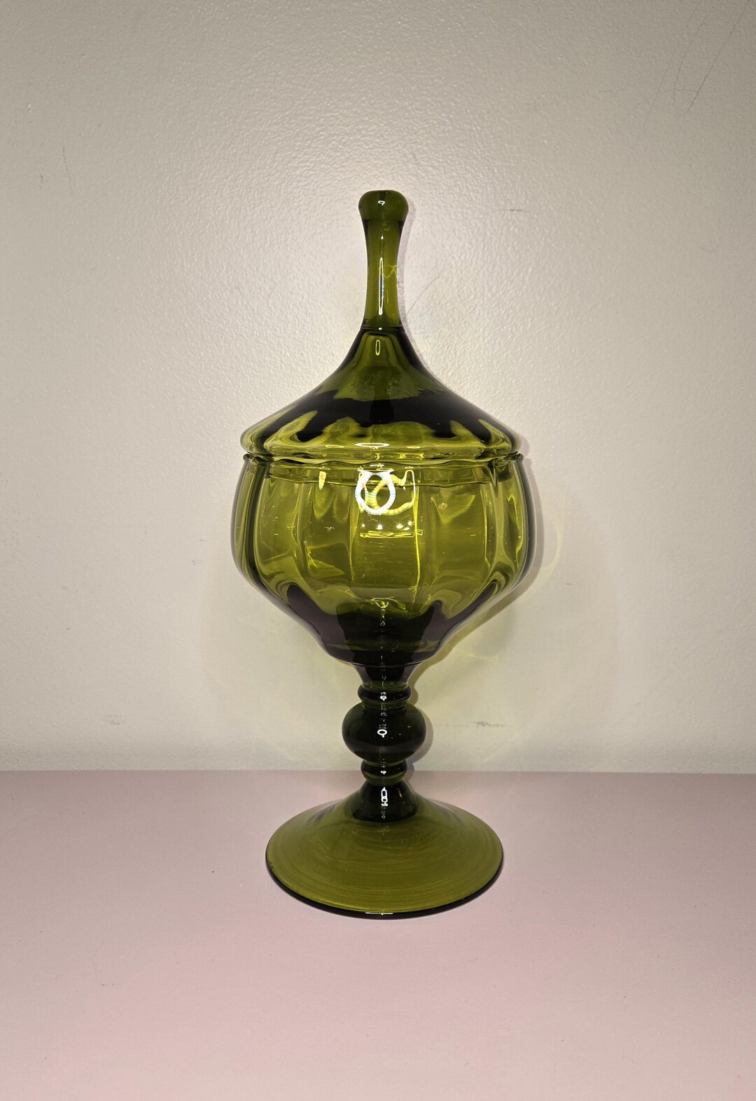 MCM Empoli Green Glass Apothecary Footed Jar Candy Dish Genie Optic ...