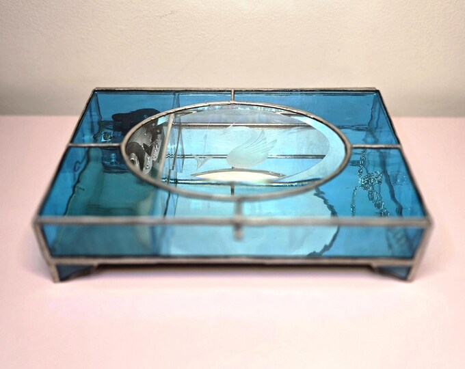 Vintage Teal Blue Stained Glass Musical Jewelery Box With Etched Swan ...