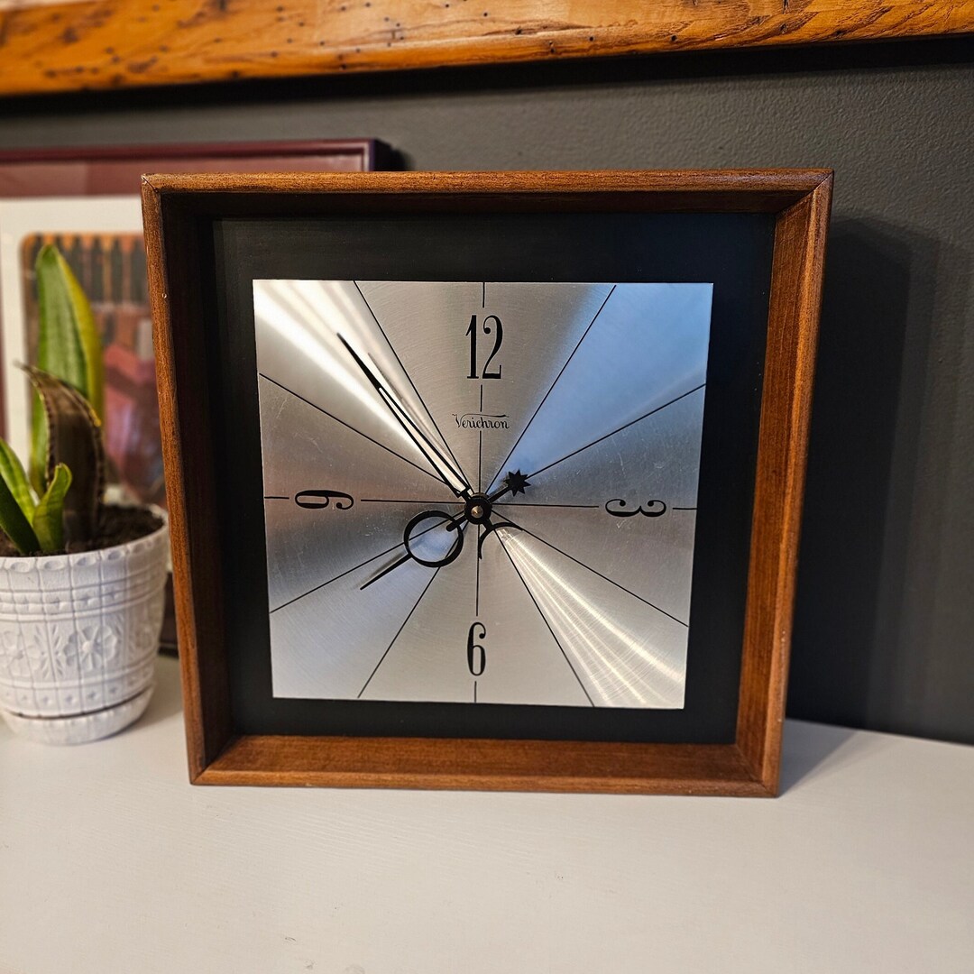 Vintage MCM Verichron Wood and Chrome Atomic Square Wall Clock WORKING ...