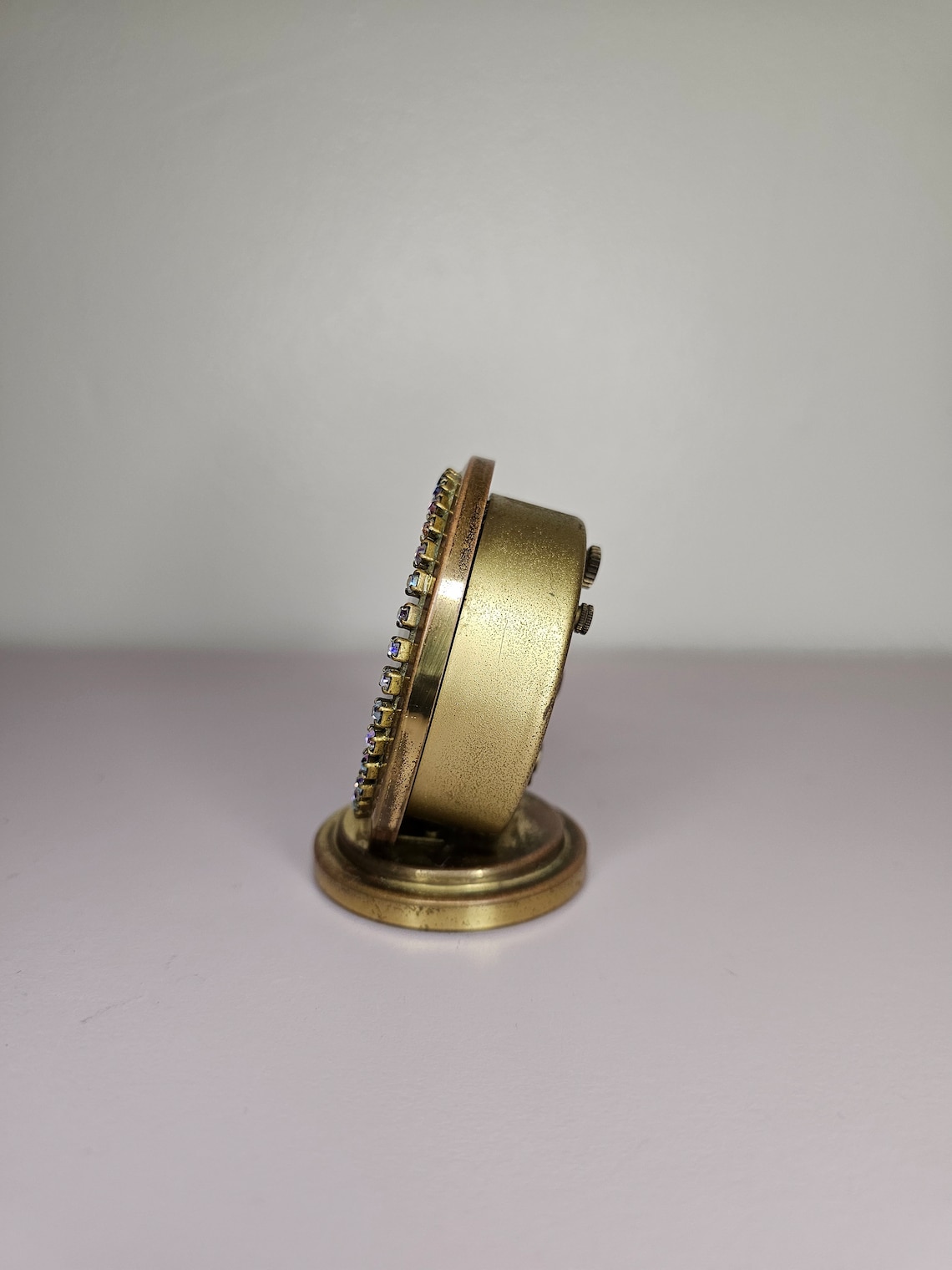 Vintage Florn Travelers Wind up Dial Gold Alarm Clock Rhinestone Design ...