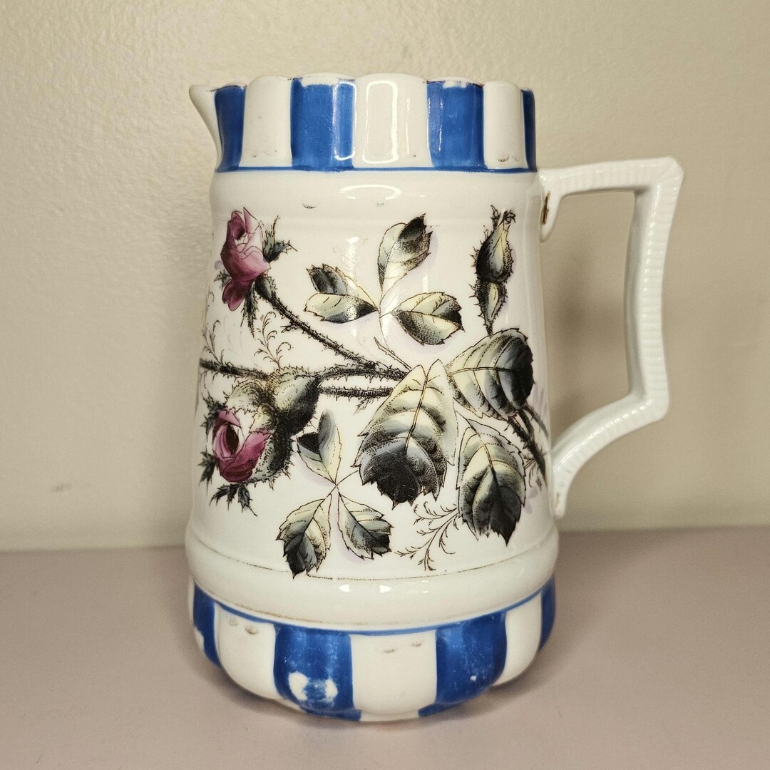 Hand Painted Milk Glass Pitcher Signed 405 B Shabby Chic Kitchen ...