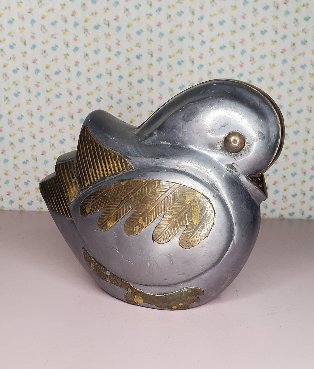 Vintage Mixed Metal MCM Pewter Bird Figurine With Brass and Lidded - Etsy