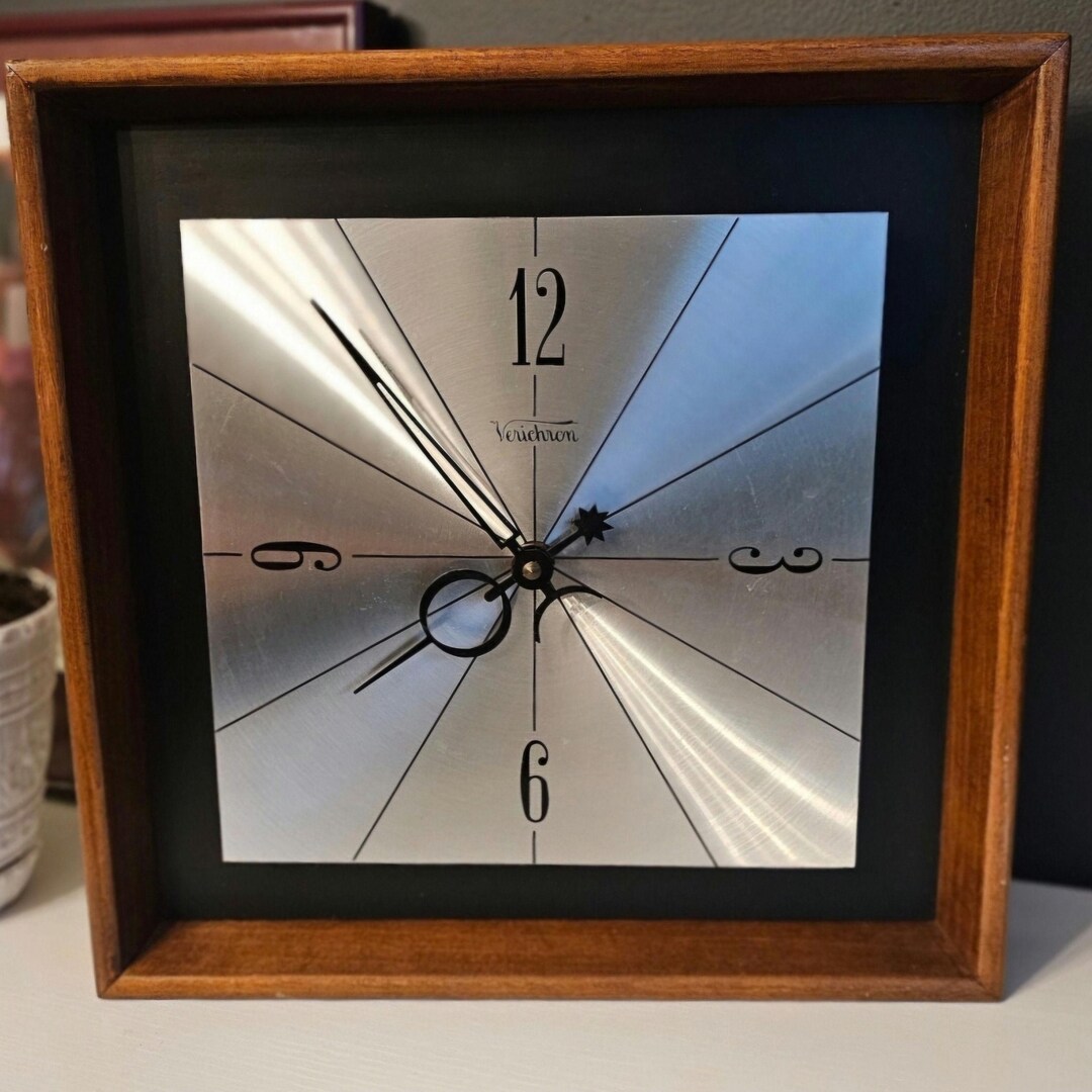 Vintage MCM Verichron Wood and Chrome Atomic Square Wall Clock WORKING ...