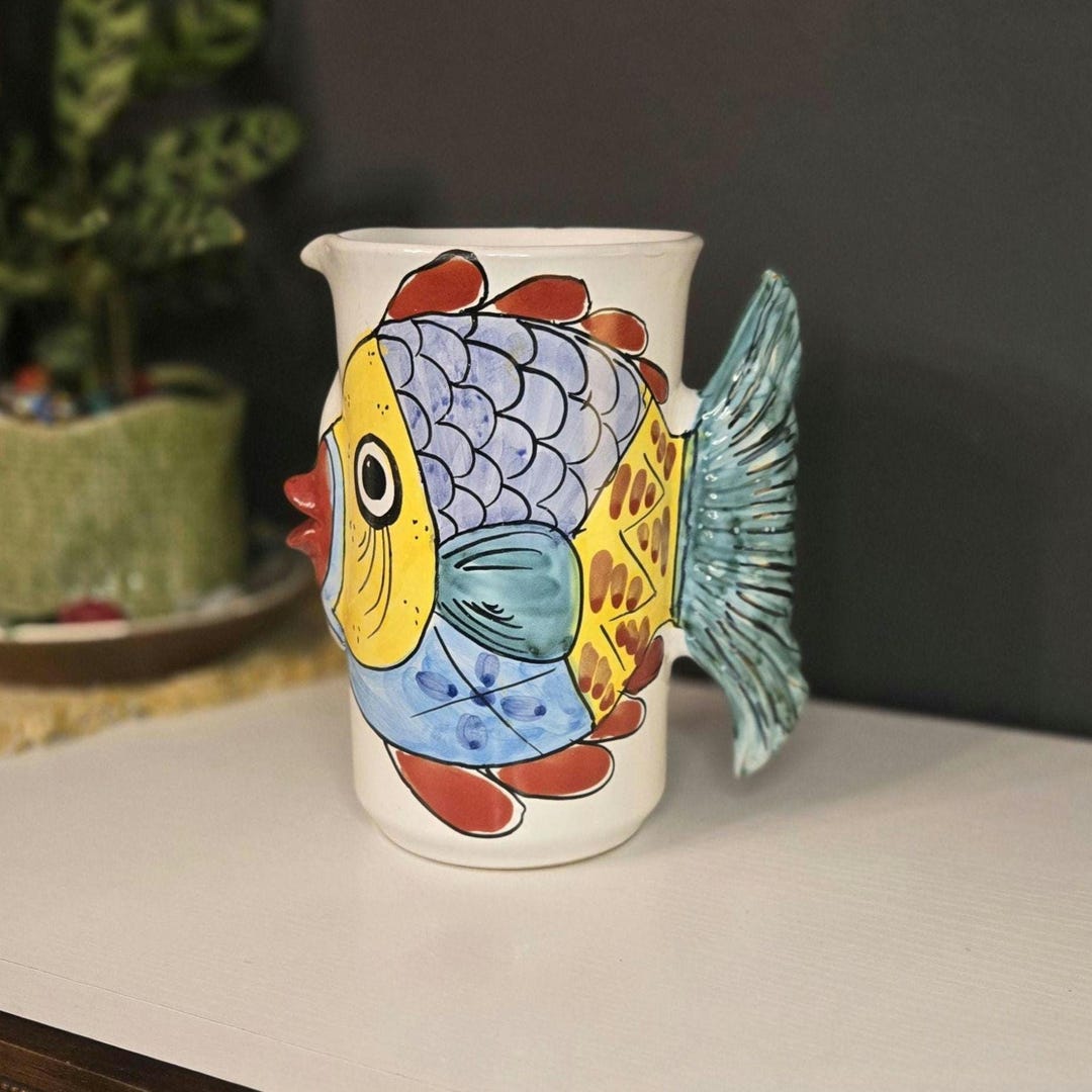 Vintage Vietri Fish Pitcher Italian Pottery Colorful Drinkware or Vase ...