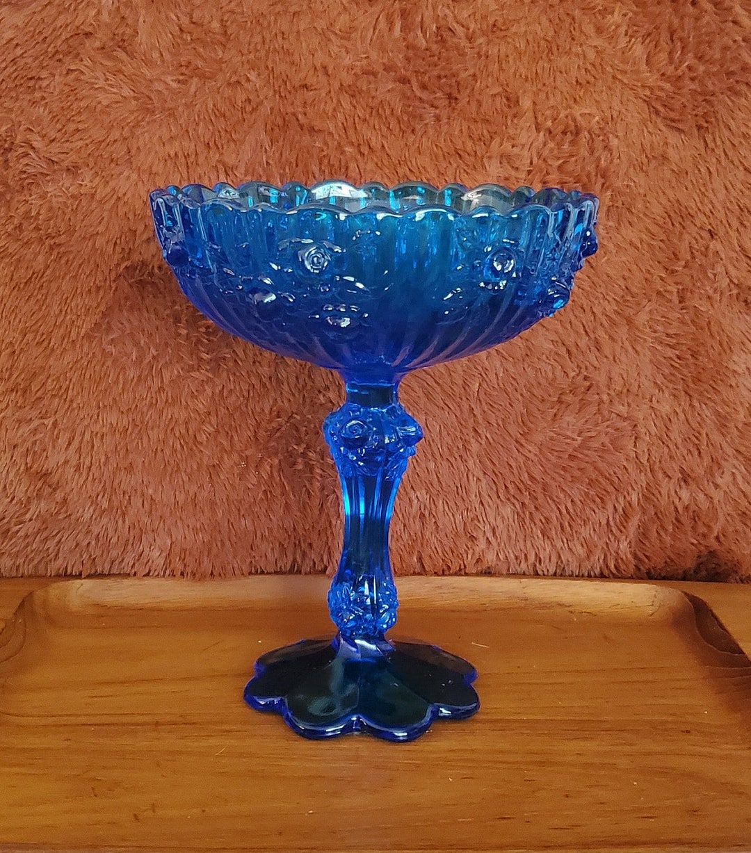 Vintage Fenton Colonial Bright Blue Glass Cabbage Rose Pattern Compote ...
