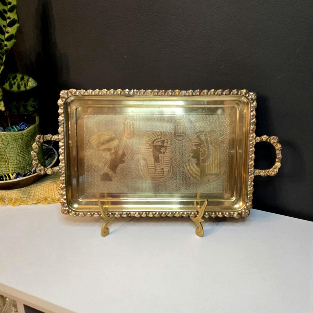 Vintage / Antique Brass Tray Egyptian Motif Serving Tray Decor Ornate ...