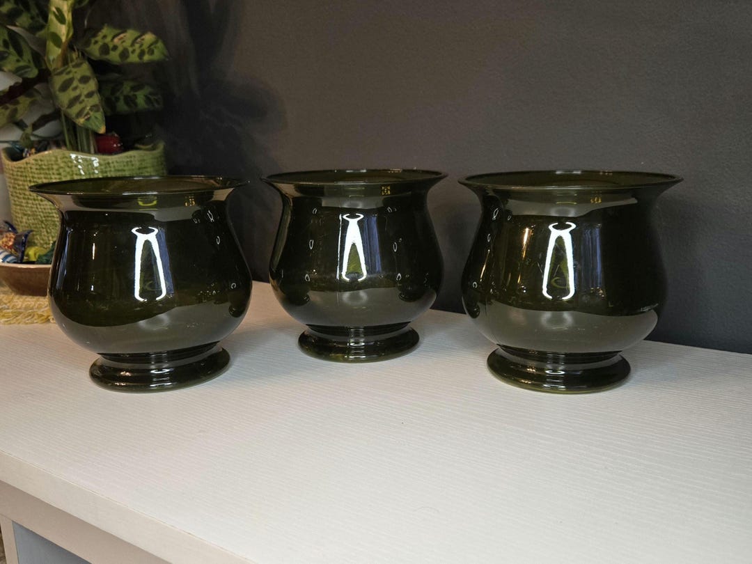 Set of 3 Mid-century Hard Plastic Green Planters MCM Faux Glass Indoor ...