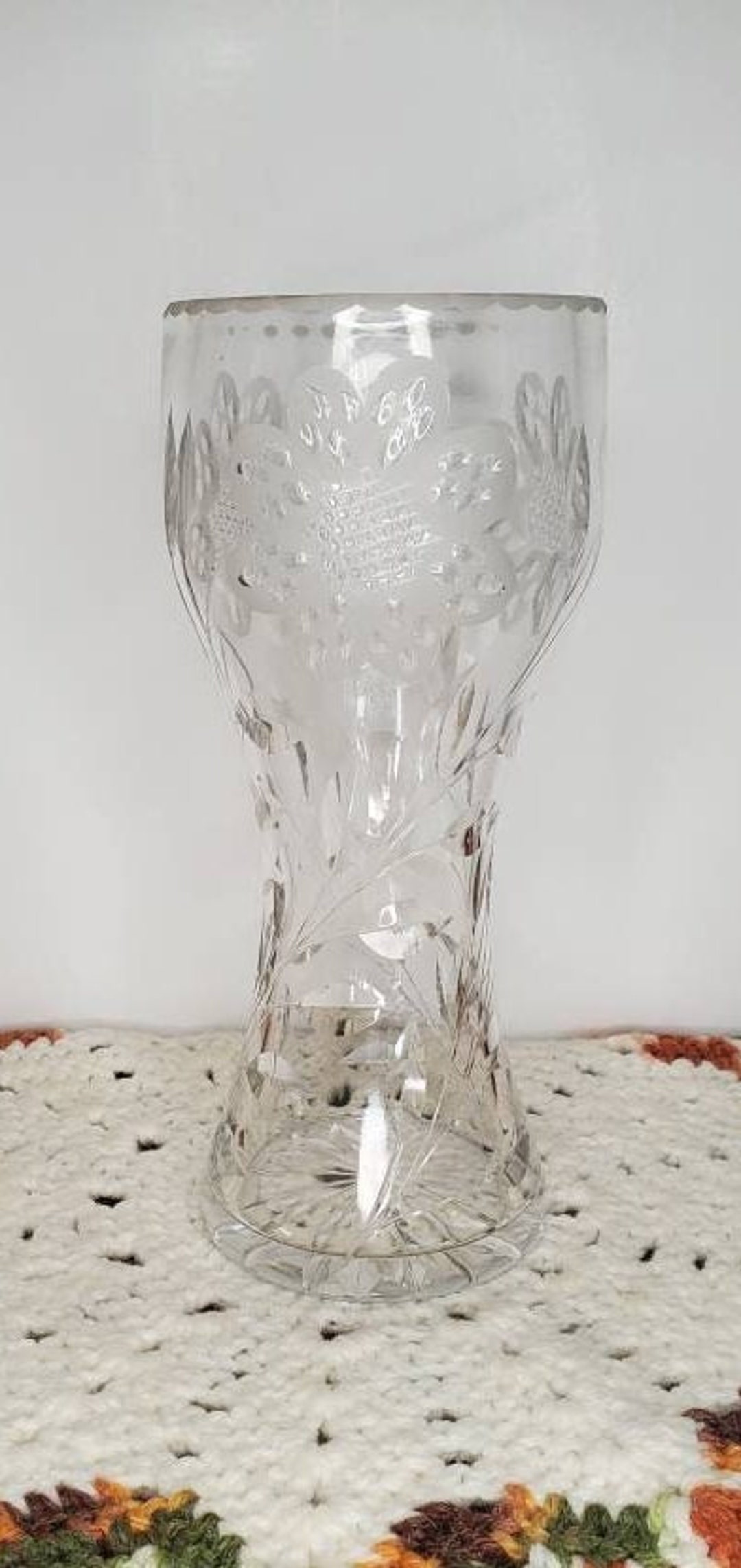 Vintage Etched Cut Glass Corset Vase With Daisy Details Subtle Retro ...