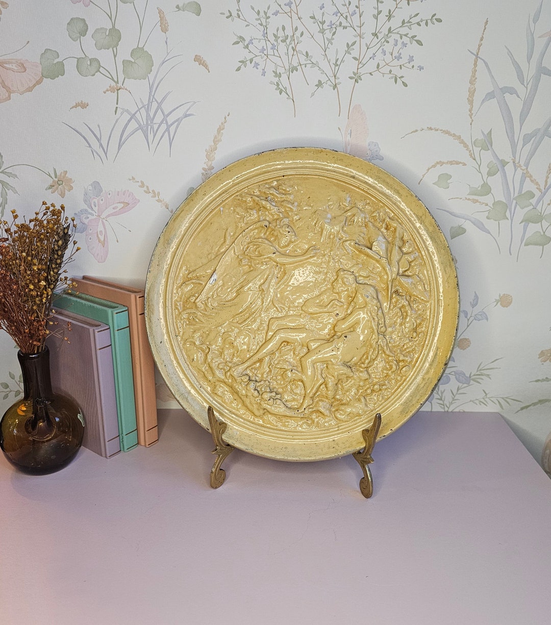 Antique 10.5 Round Figural Yellow Painted Metal Plaque - Etsy
