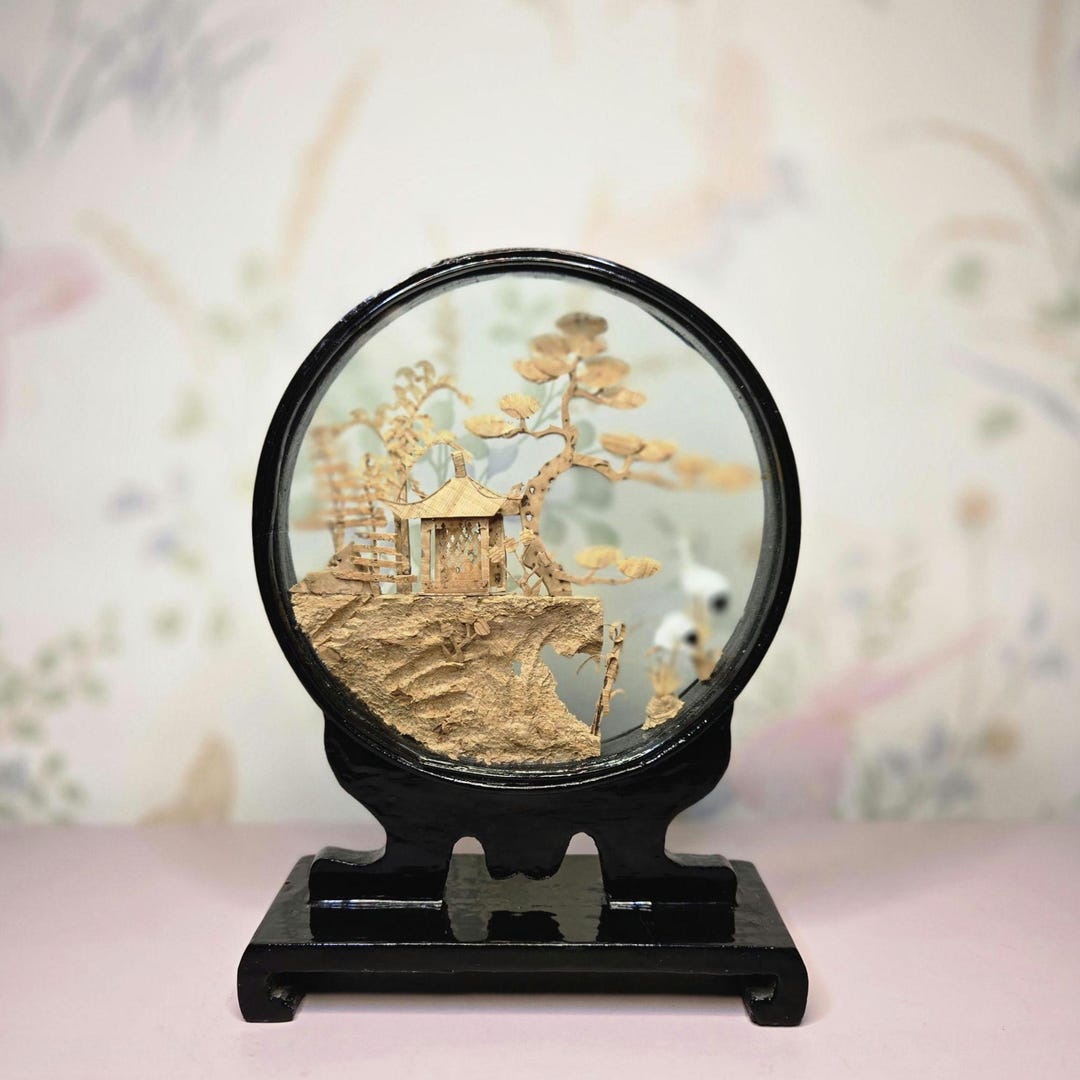 Vintage Asian Sand Art Diorama – Round Glass Scenic Display With Pagoda ...