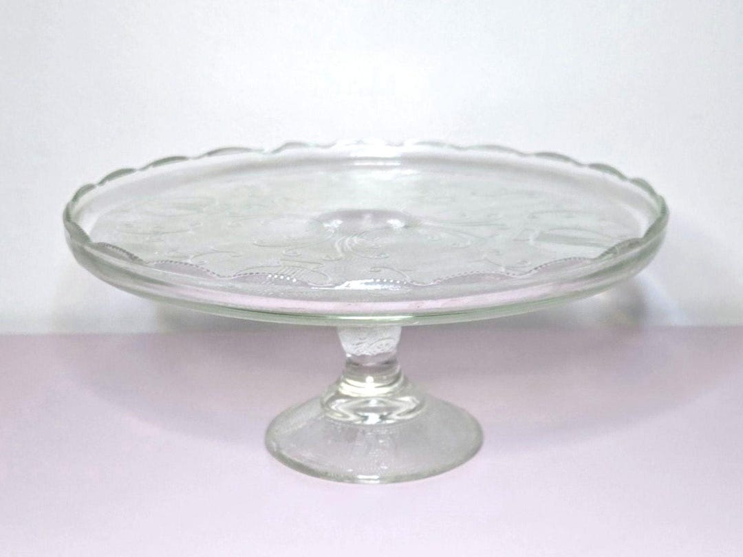 Vintage Jeannette Pedestal Cake Stand Depression Glass Harp Gold Ruffle ...