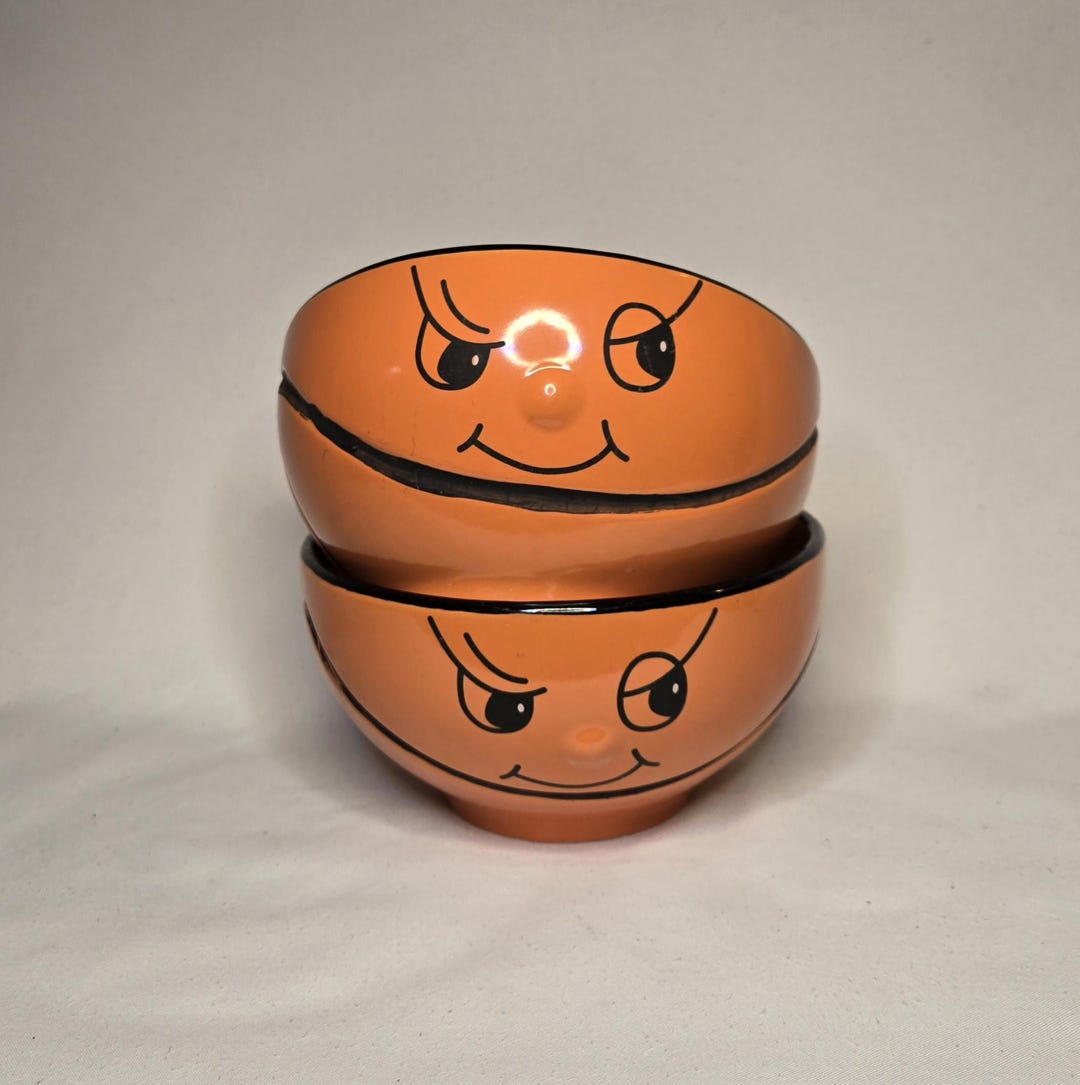 Vintage Orange Smiley Face Bowls Set of 2 Retro Kitsch Glass Dessert ...