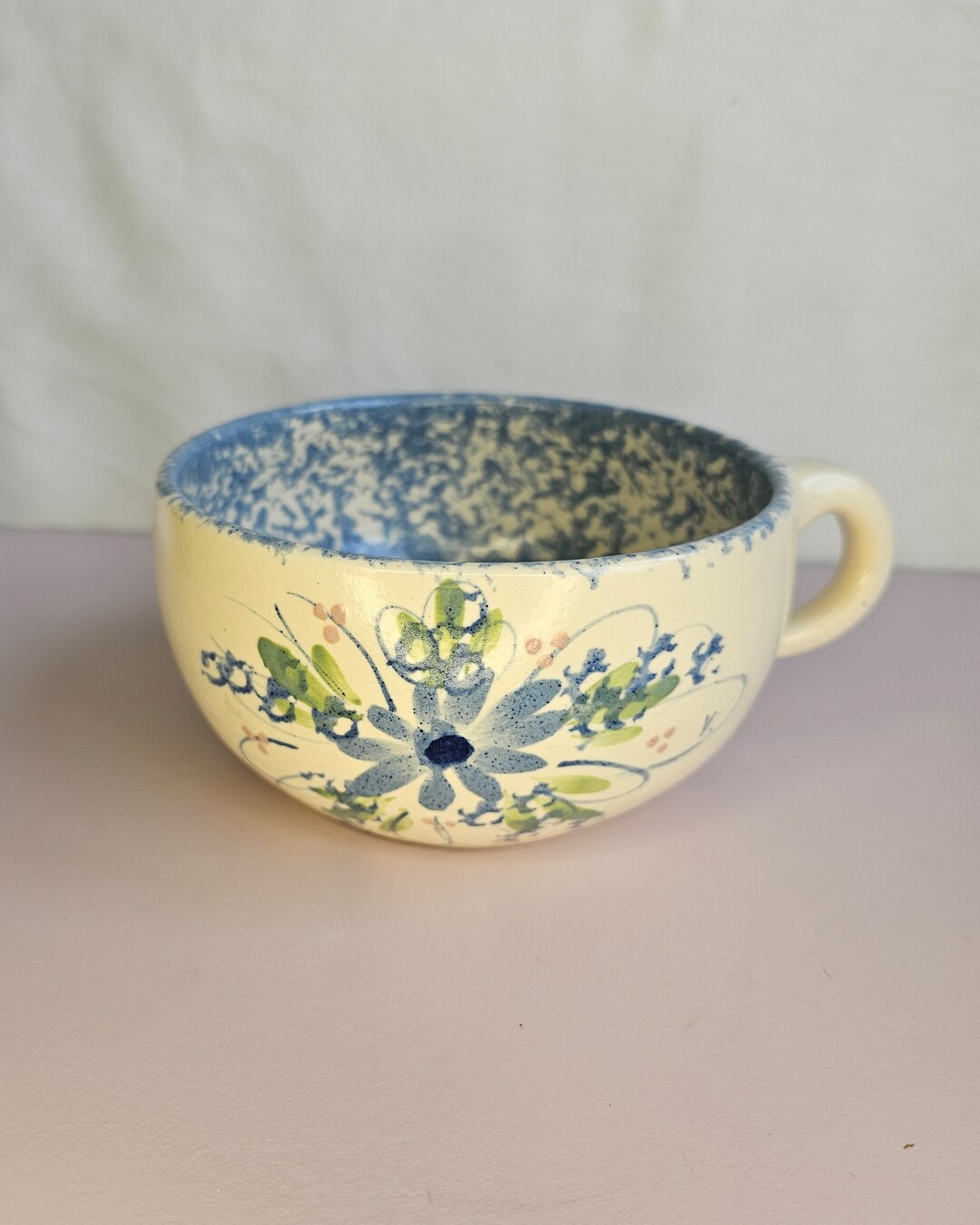 Vintage East Texas Pottery Blue Sponge Flowers Hand Thrown Painted ...