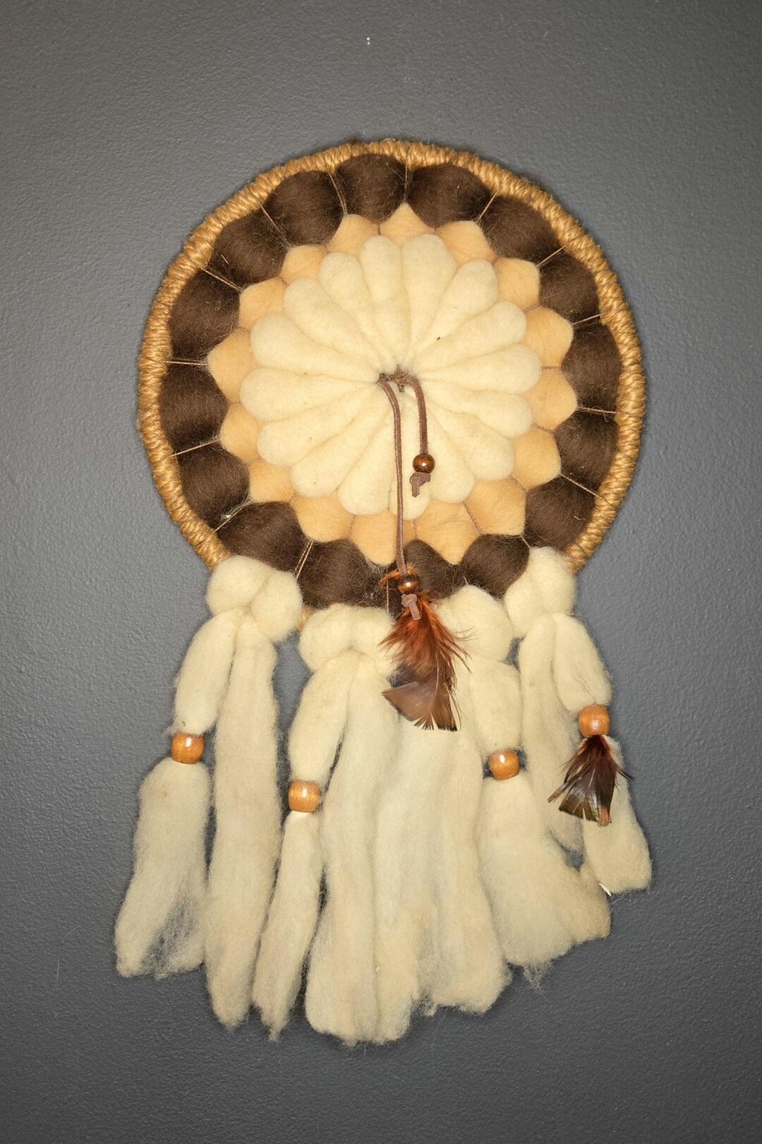 Native Anerican Wool and Feather Mandala Dreamcatcher Brown and Cream ...