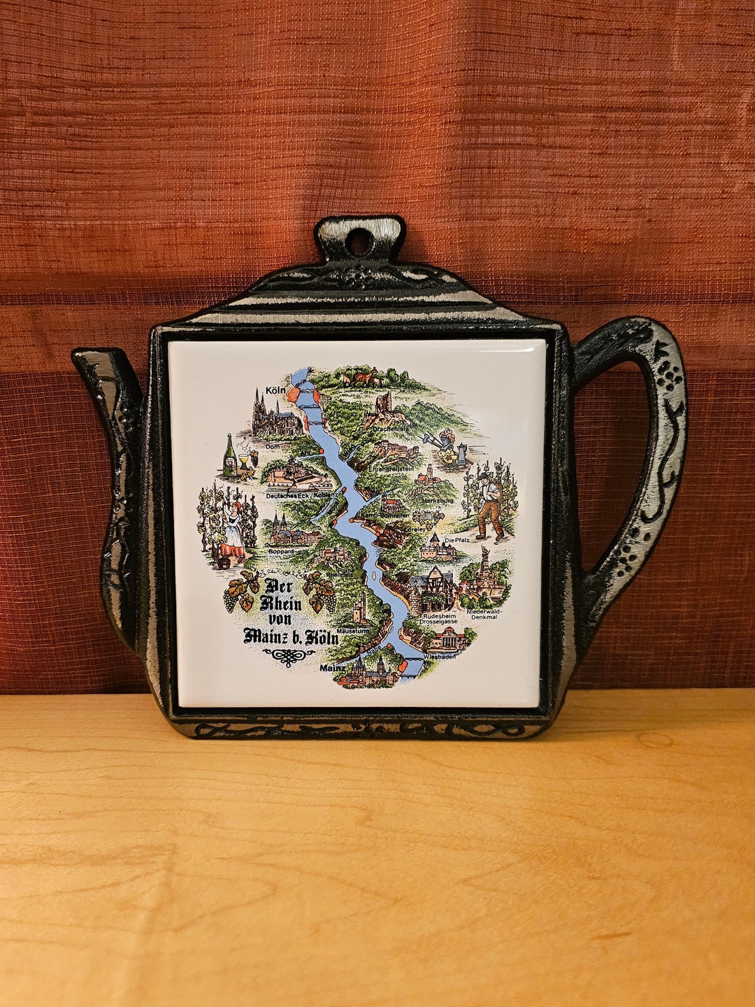 Villeroy & Boch Vintage Metal Teapot Tile Trivet Der Rhein Germany Map ...