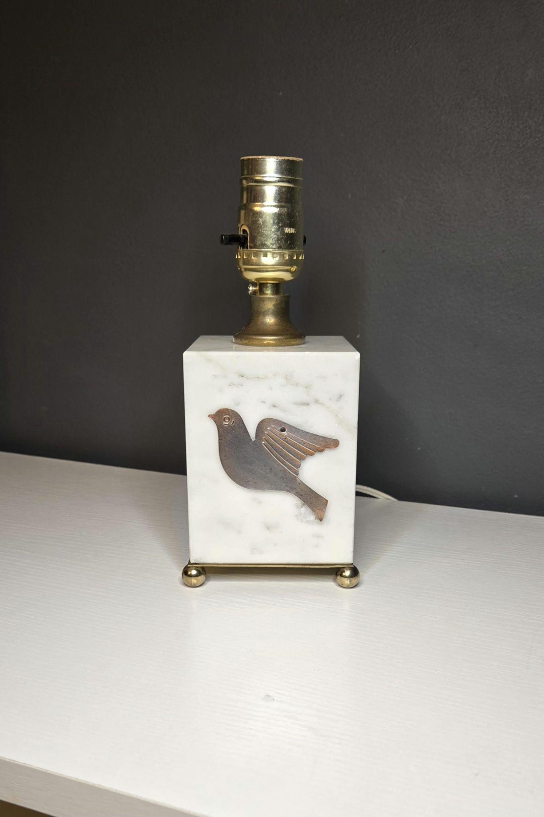 Petite Vintage Italian Marble Lamp With Brass Ball Feet and Brass Bird ...