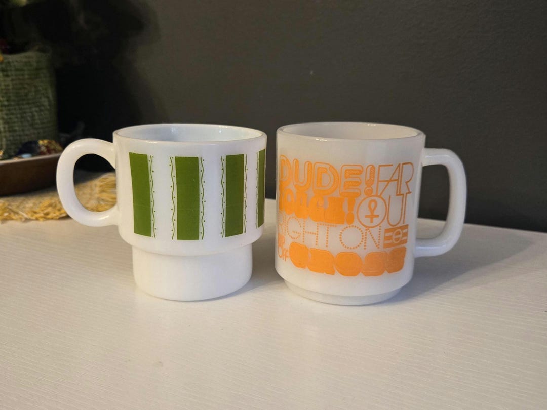Vintage Glasbake White Orange 70s Slang Mug Dude Tough Right on and ...