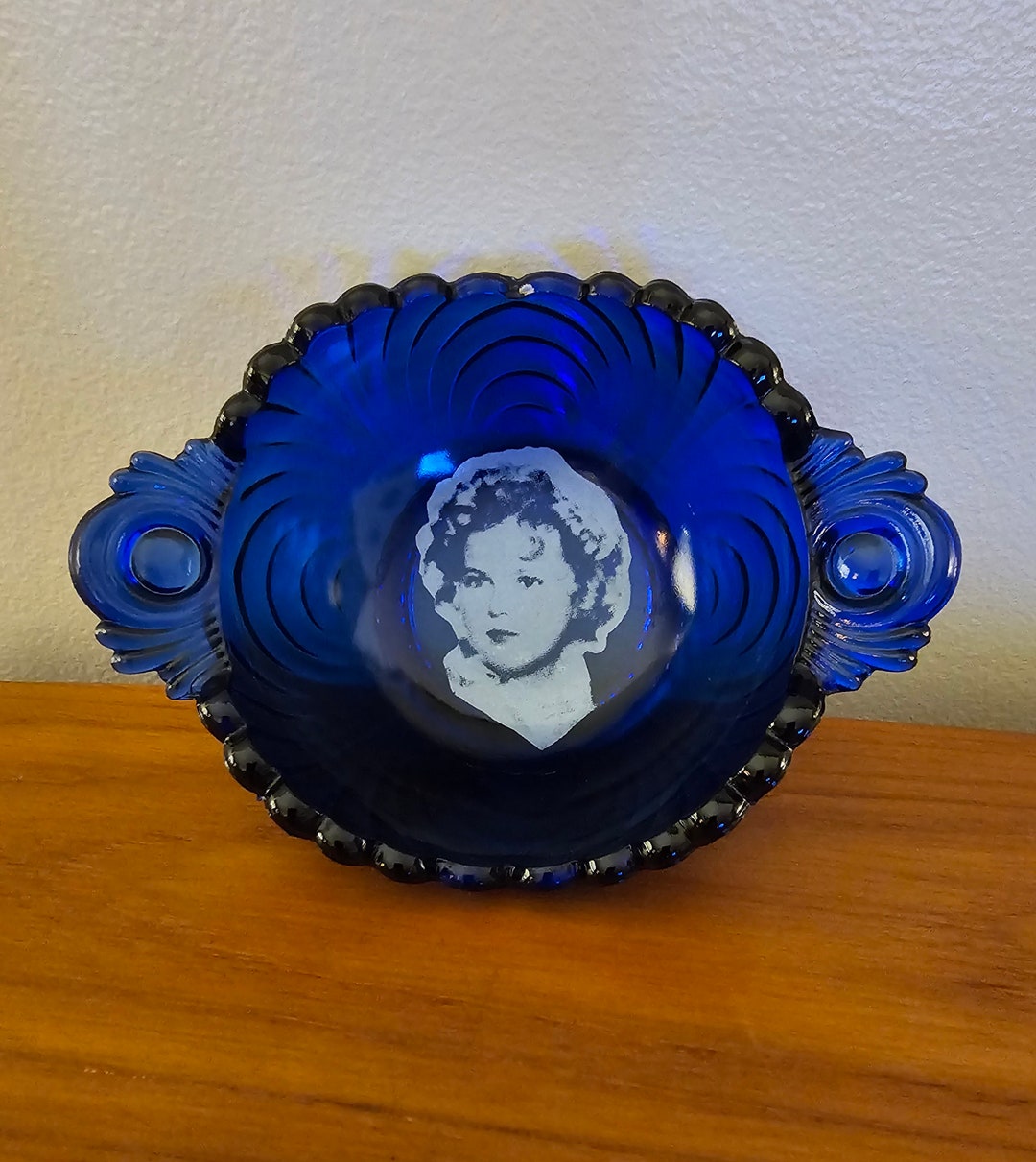 Hazel Atlas Cobalt Blue Depression Glass Ornate Bowl W/ Shirley Temple ...