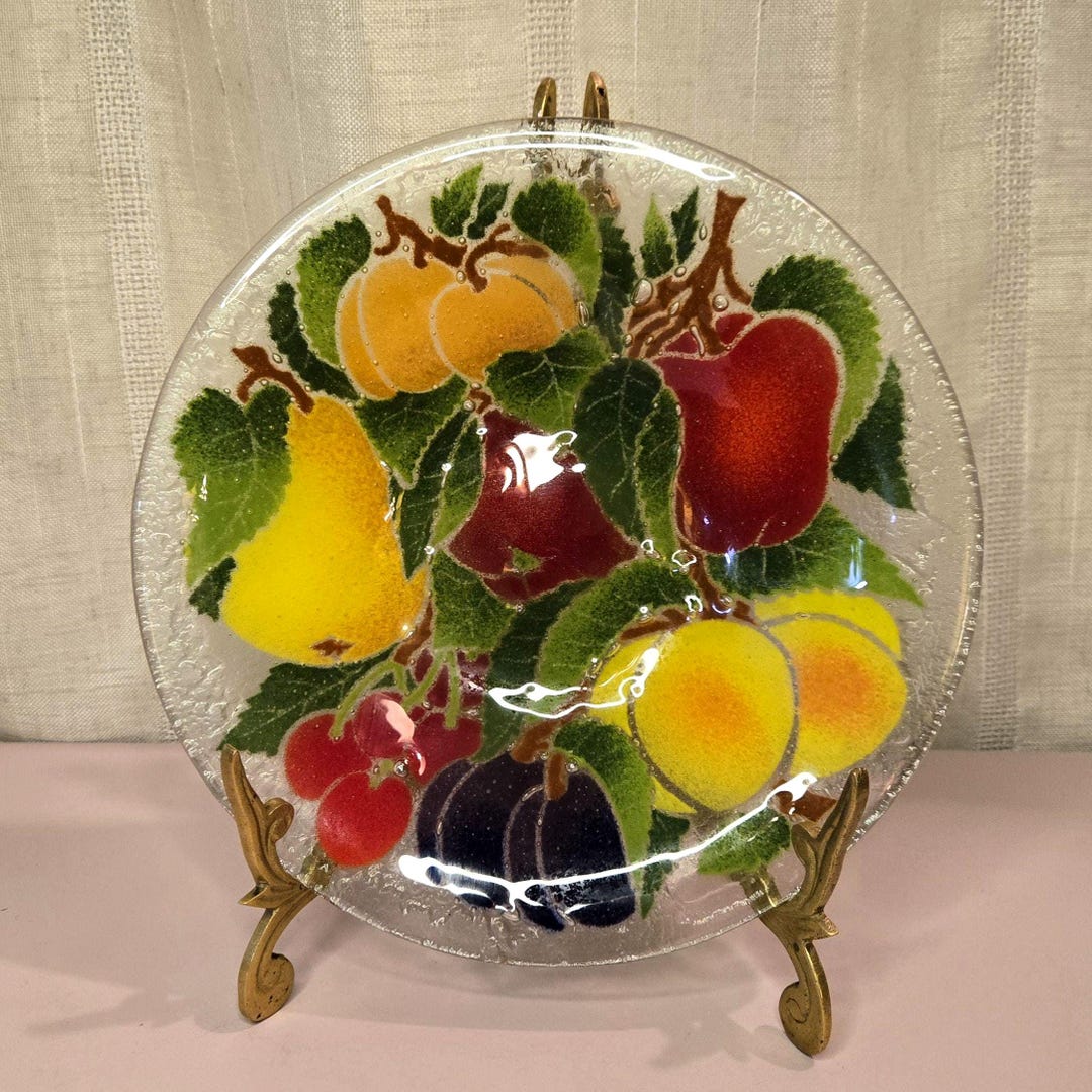 Peggy Karr ORCHARD FRUIT 8" Bowl Harvest Fused Glass Pear Apple ...