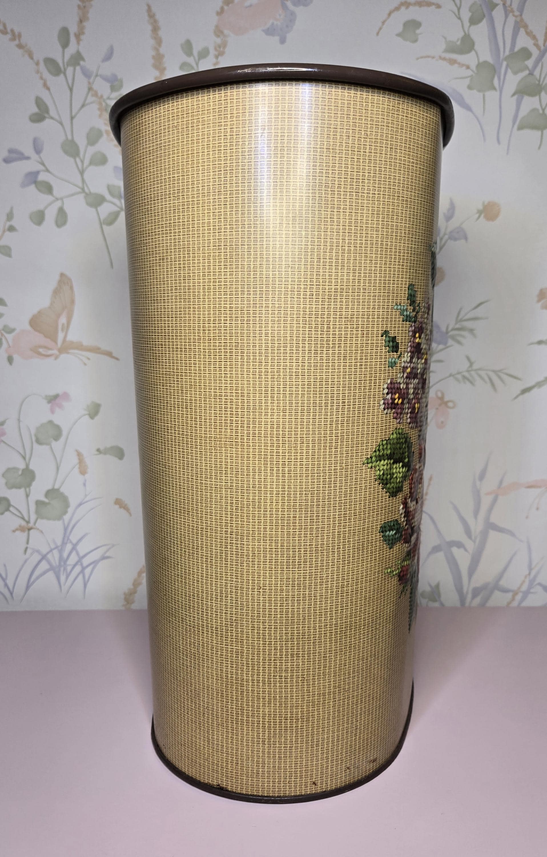 Vintage WEIBRO Corp Floral Metal Wastebasket – 13" Tall Cross Stitch ...