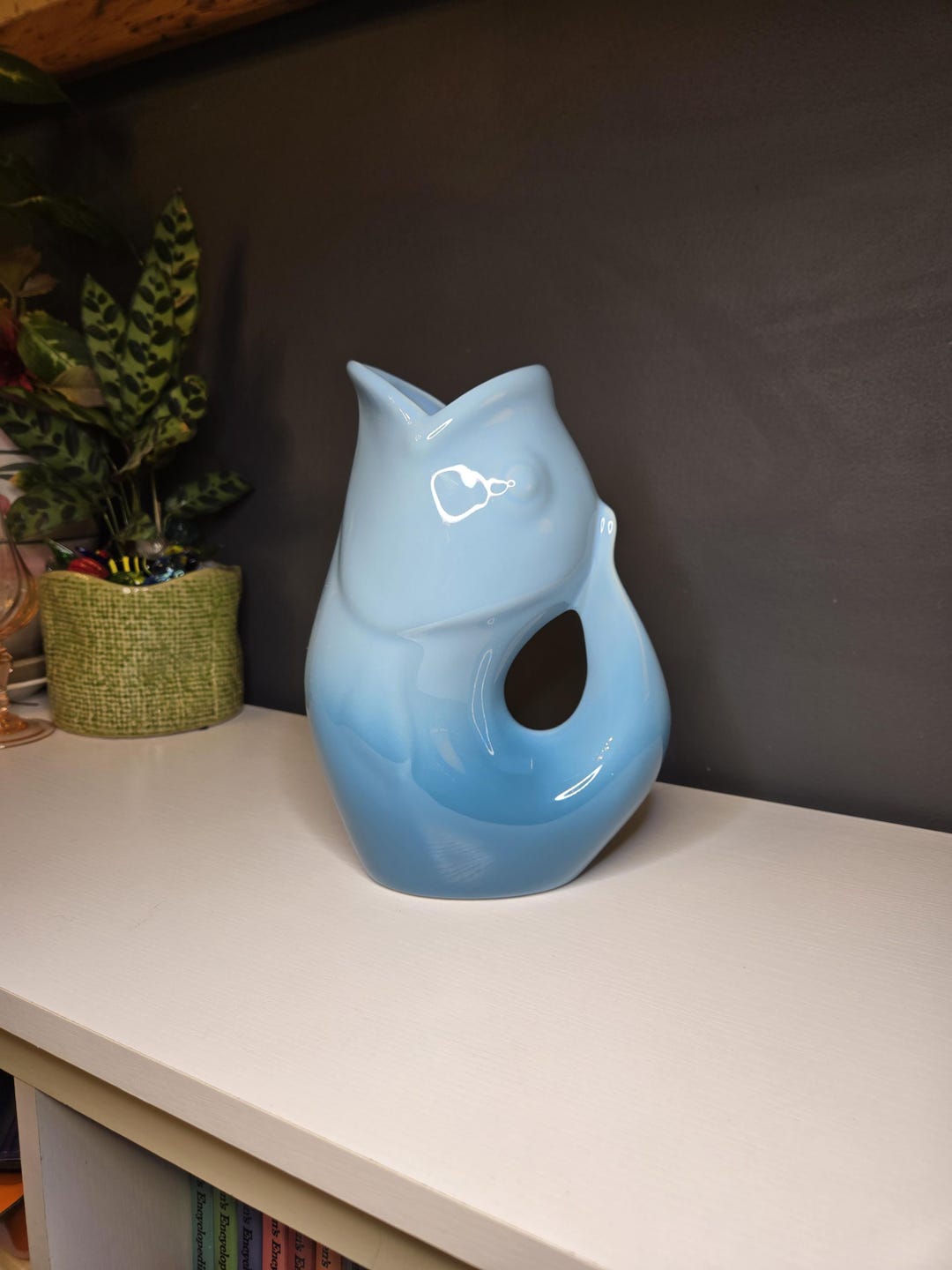 Gurgle Pot Fish Pitcher 9.5 in Ombre Blue Whimsical Stoneware Ceramic ...