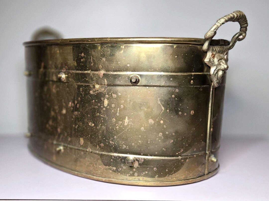 Vintage Brass Bucket With Lion Head Handles and Side Spike Details 7 ...