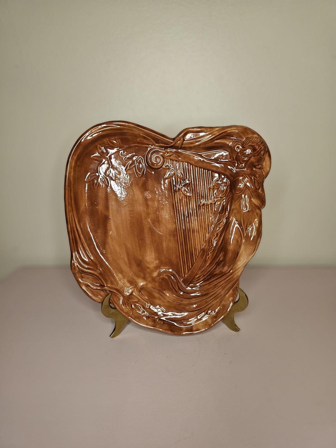 Ceramic Brown Glazed Art Nouveau Vide Poche With a Nymph Standing ...