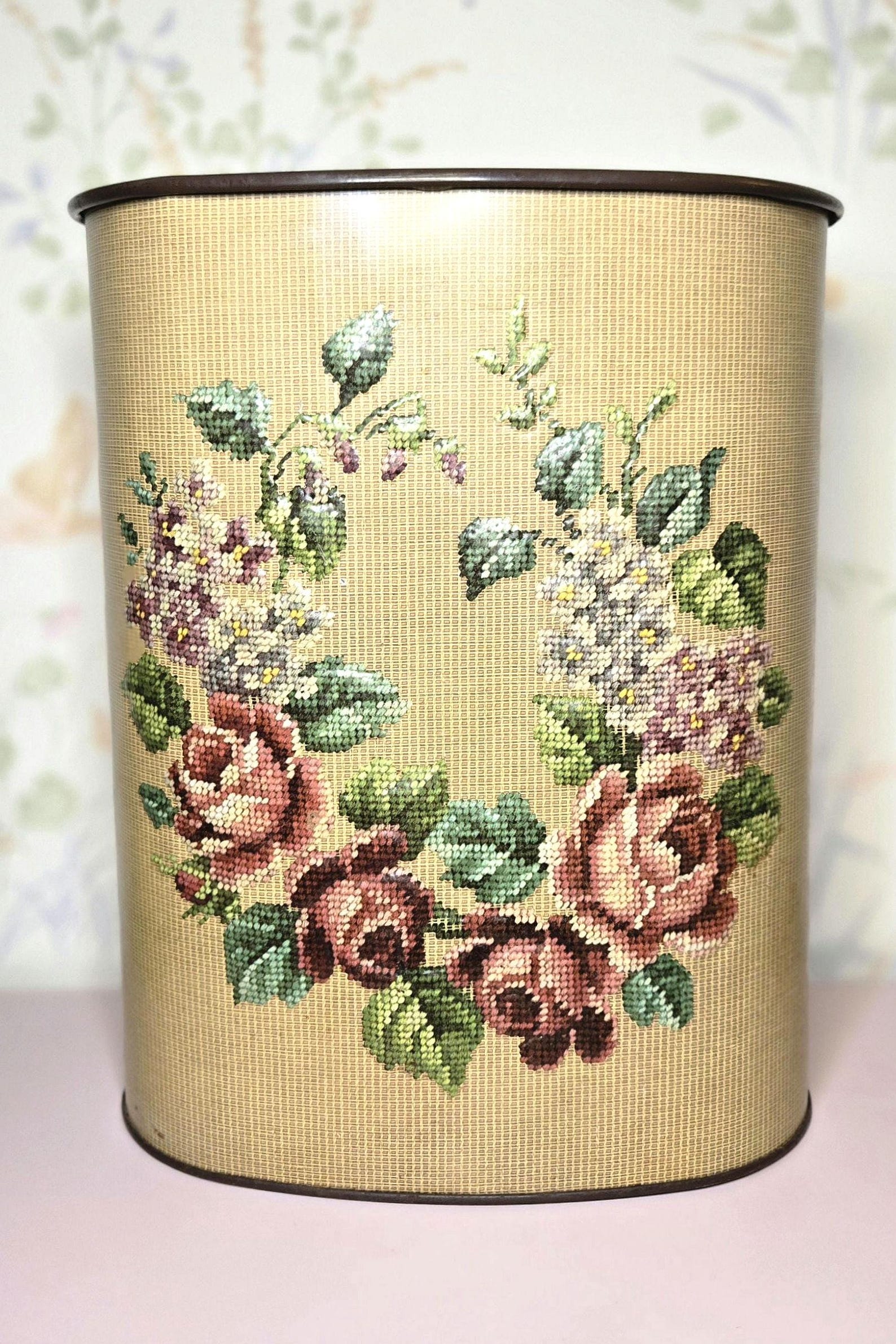 Vintage WEIBRO Corp Floral Metal Wastebasket – 13" Tall Cross Stitch ...