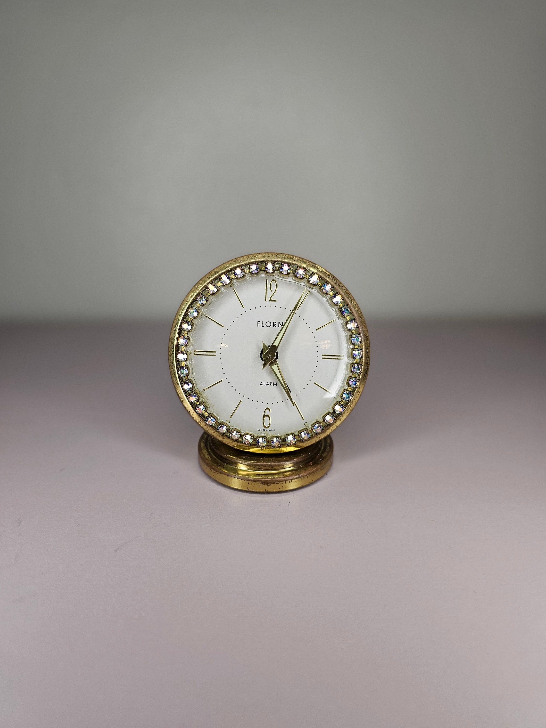 Vintage Florn Travelers Wind up Dial Gold Alarm Clock Rhinestone Design ...