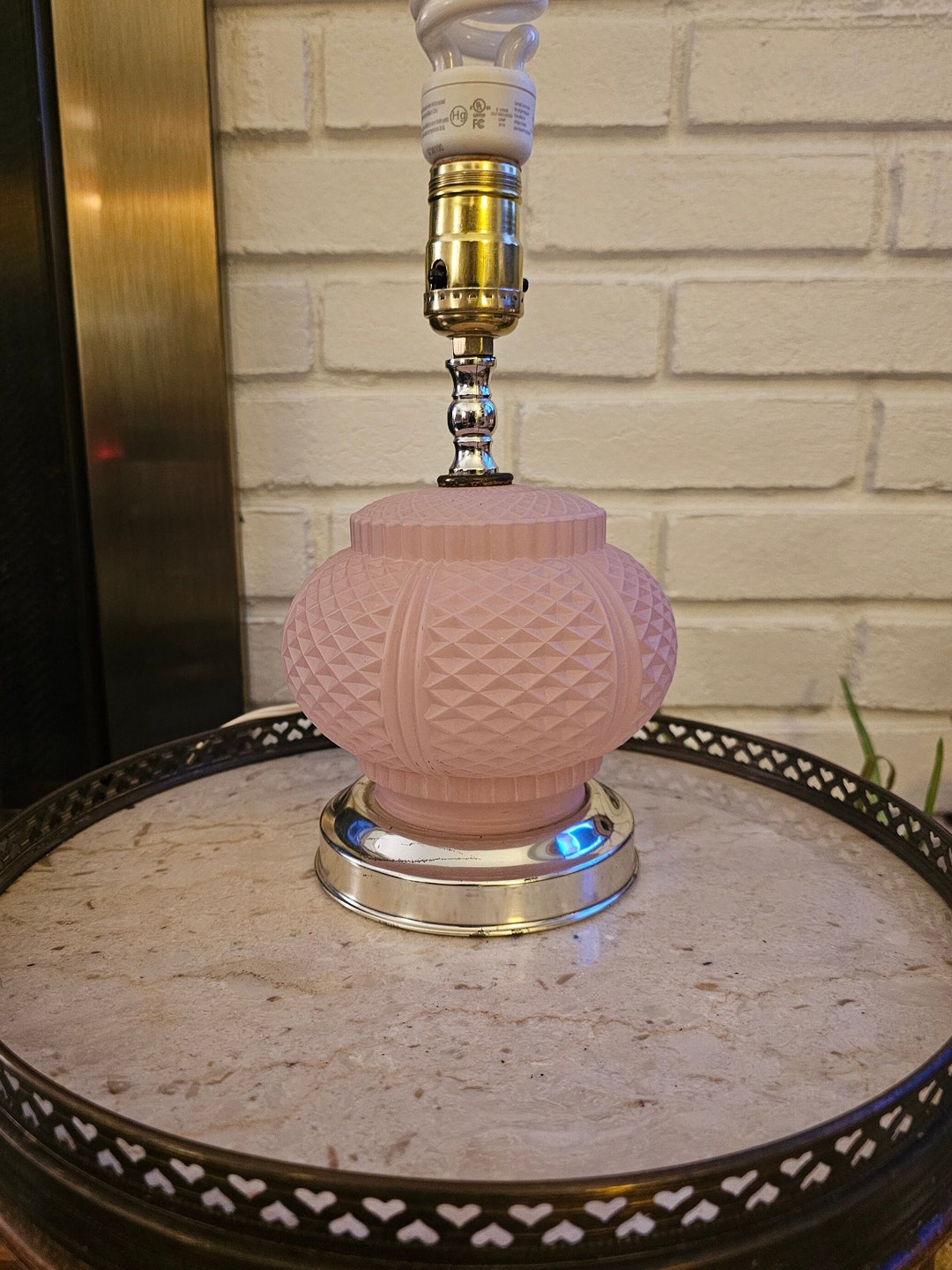 Vintage Pink Satin Glass Base Art Deco Table Lamp With Silver Metal ...