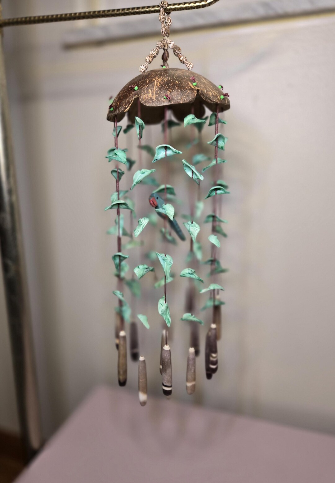 Vintage Coconut Shell Top Wind Chimes With Small Green Beads and Brown ...