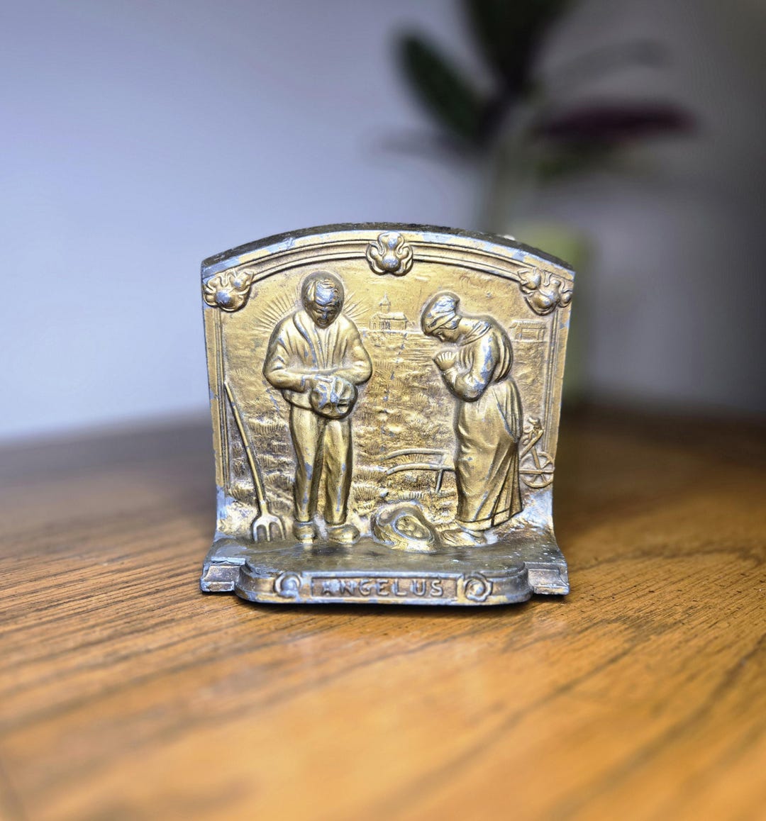Cast Iron Bookend the Relief Design is "angelus" Prayer" It Depicts the ...